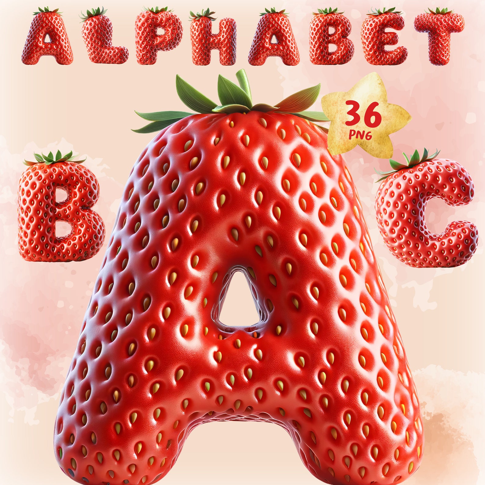 Strawberry 3D Alphabet & Numbers: Fun Fruity Font (PNG Digital Download ...