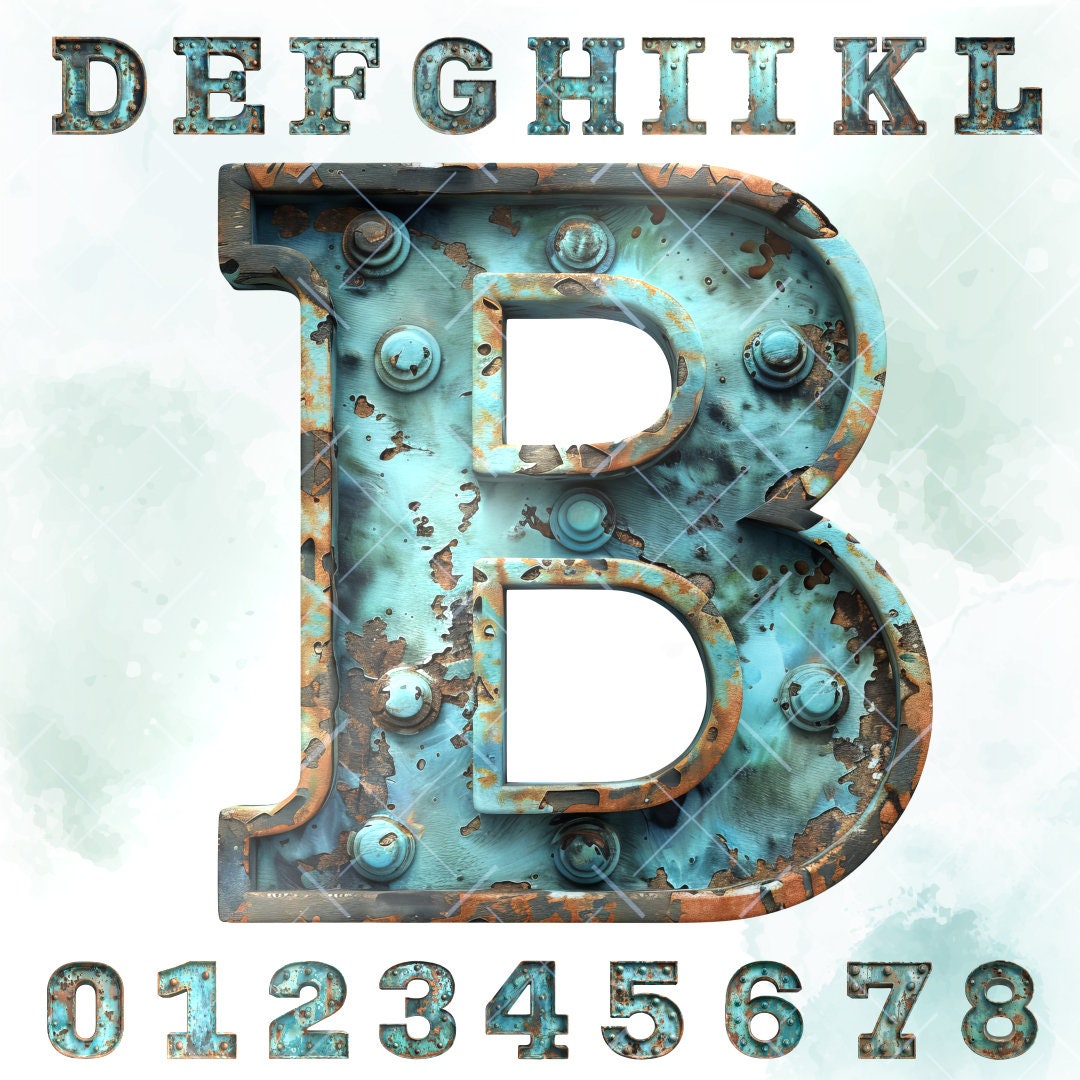 Rustic Metal Alphabet Letters: Riveted Blue Texture (PNG Digital ...