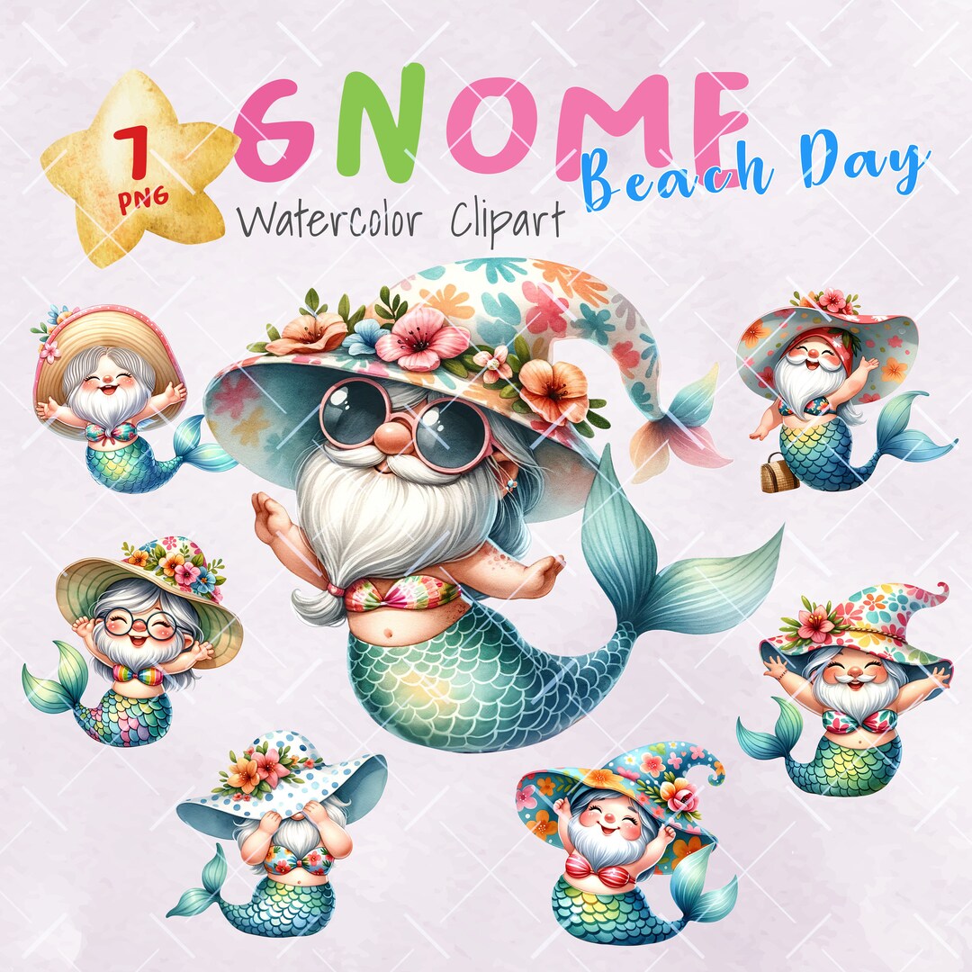 Gnome Mermaid Clipart: Watercolor Beach Day Gnomes (digital Download ...