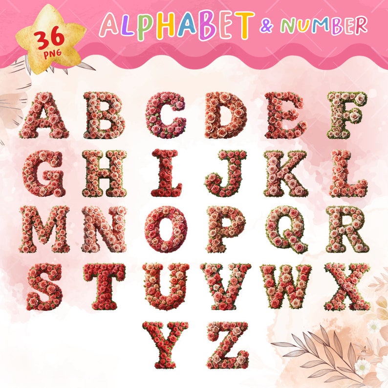 Rose Alphabet Clipart: Floral Font, Wedding Anniversary Letters ...