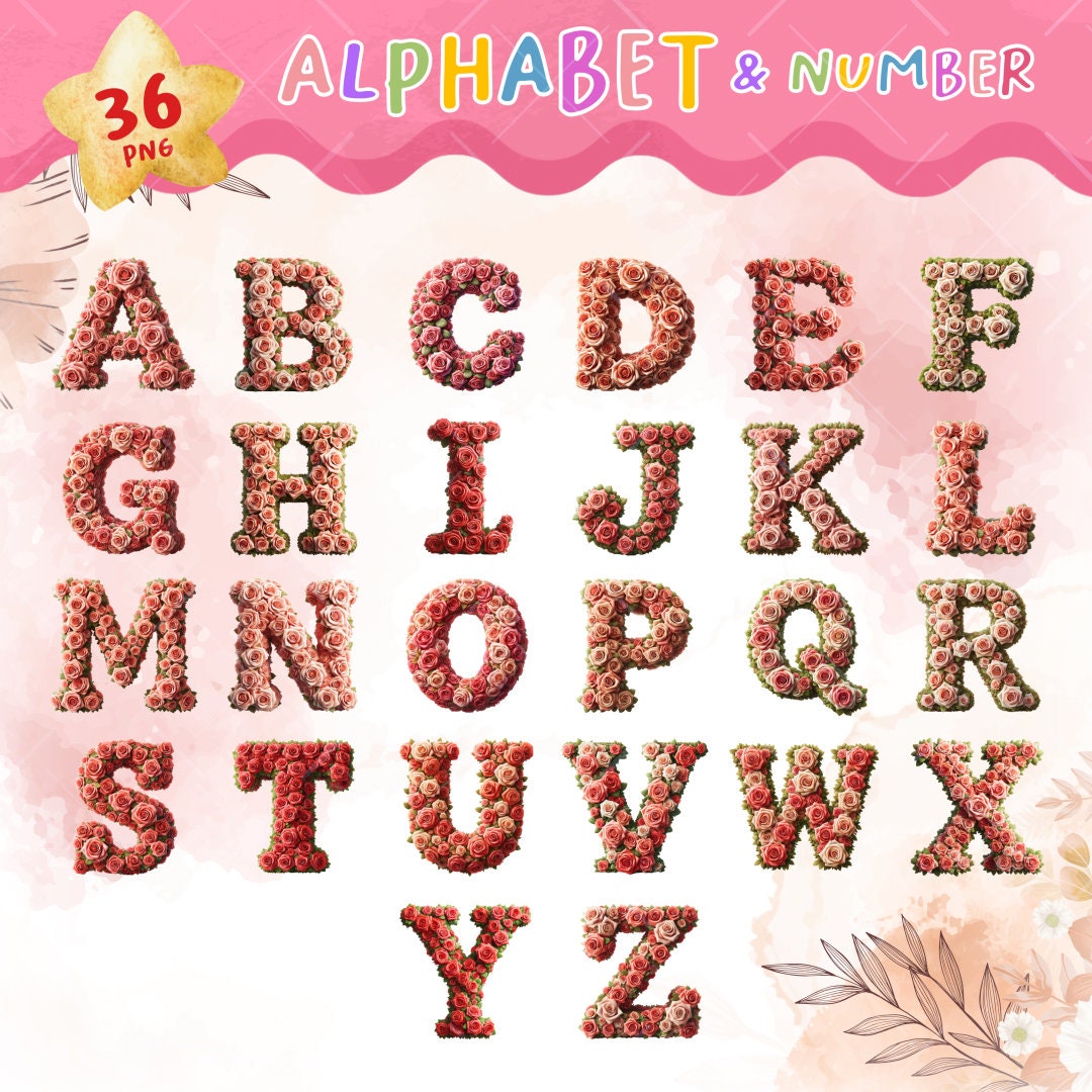 Rose Alphabet Clipart: Floral Font, Wedding Anniversary Letters ...