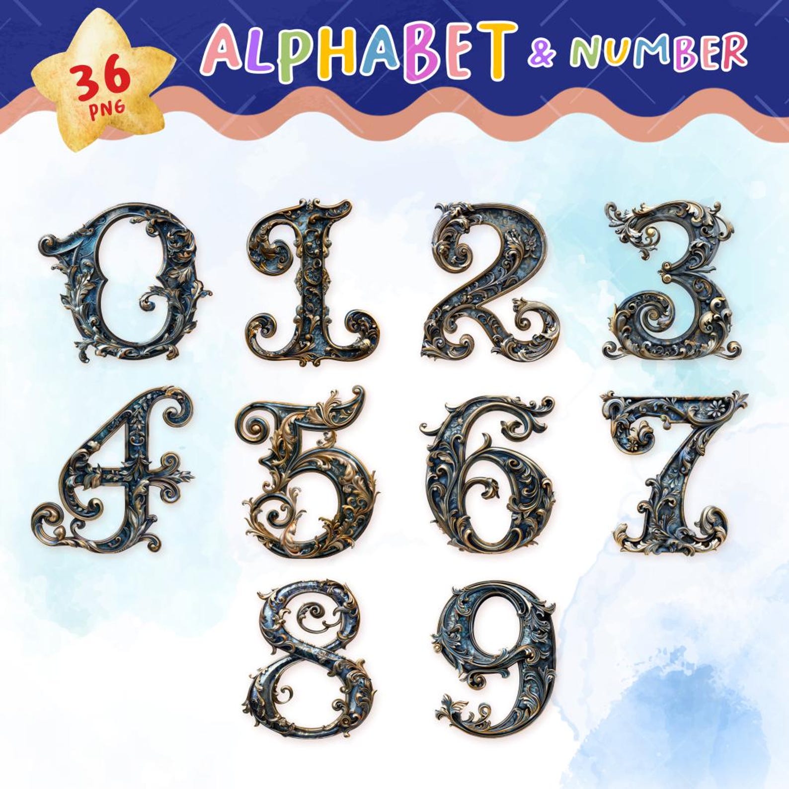 Elegant Ornate Vintage Font Set - Decorative Alphabet Letters & Numbers ...