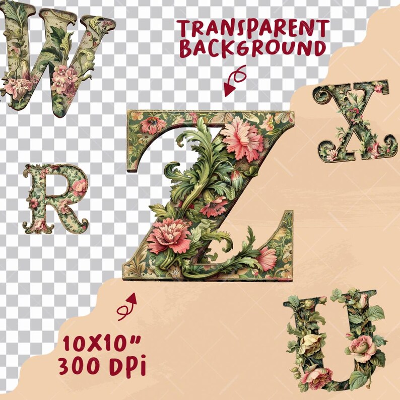 Vintage Floral Alphabet Letters PNG: Pastel Botanical Clipart (36 PNG ...