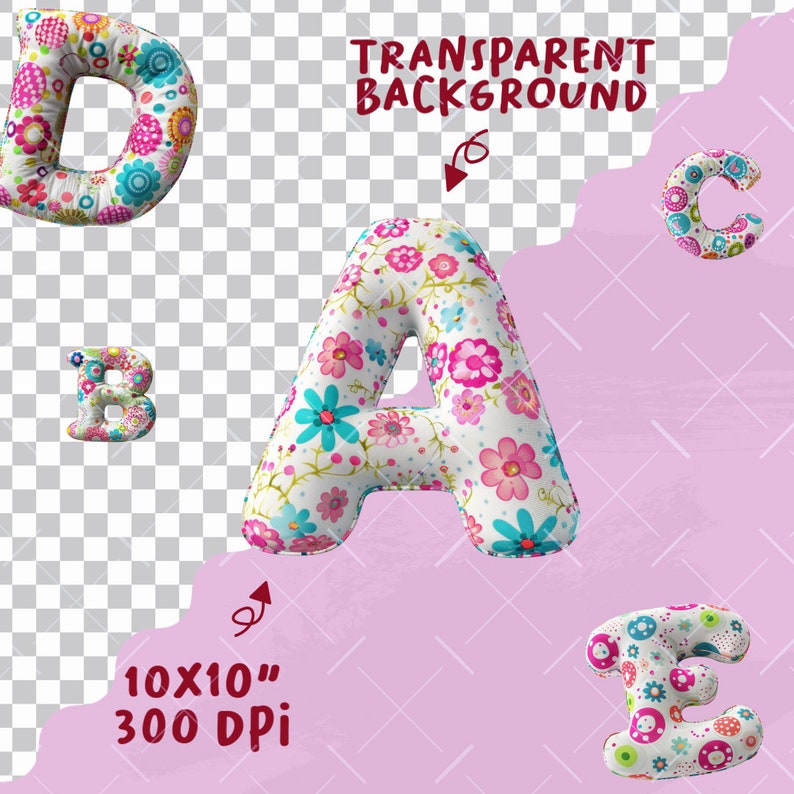Pillow Colorful Floral Pattern Alphabet Letter PNG Set, Pillow Plush ...
