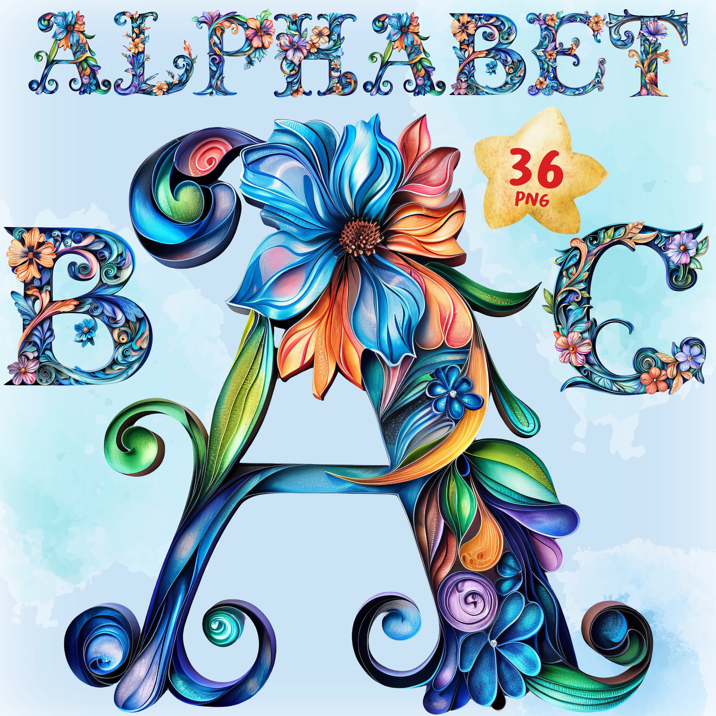 Floral Alphabet PNG: Metal Swirl Flower Letters & Numbers (digital ...