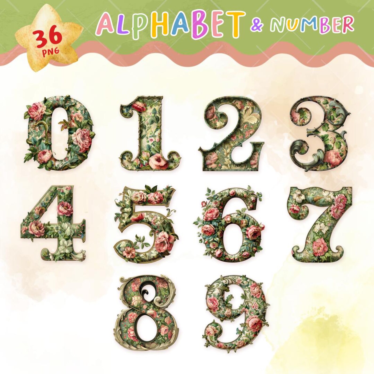 Vintage Floral Alphabet Letters PNG: Pastel Botanical Clipart (36 PNG ...