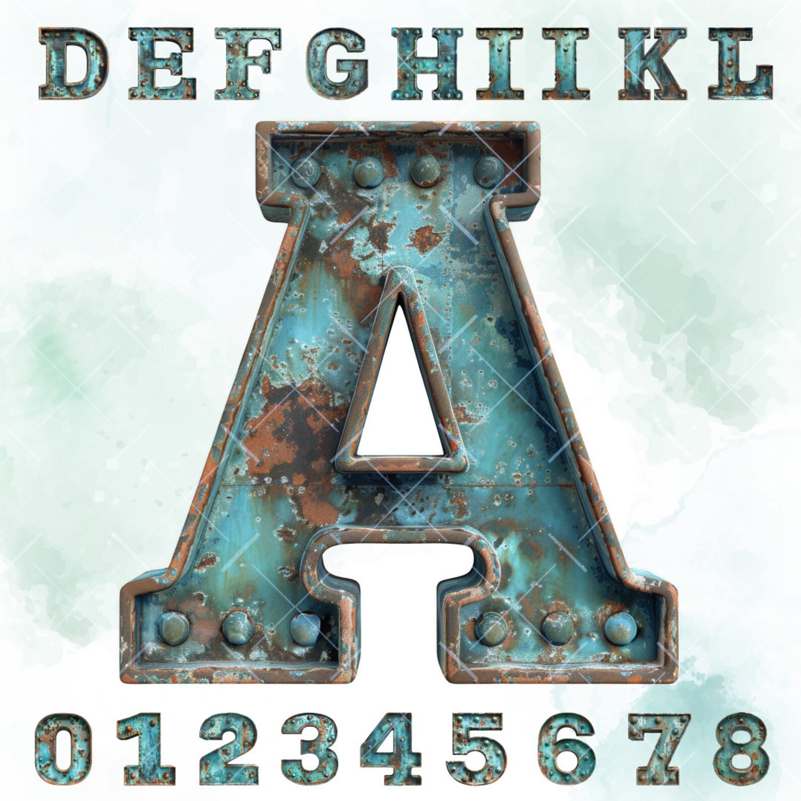 Rustic Metal Alphabet Letters: Riveted Blue Texture (PNG Digital ...