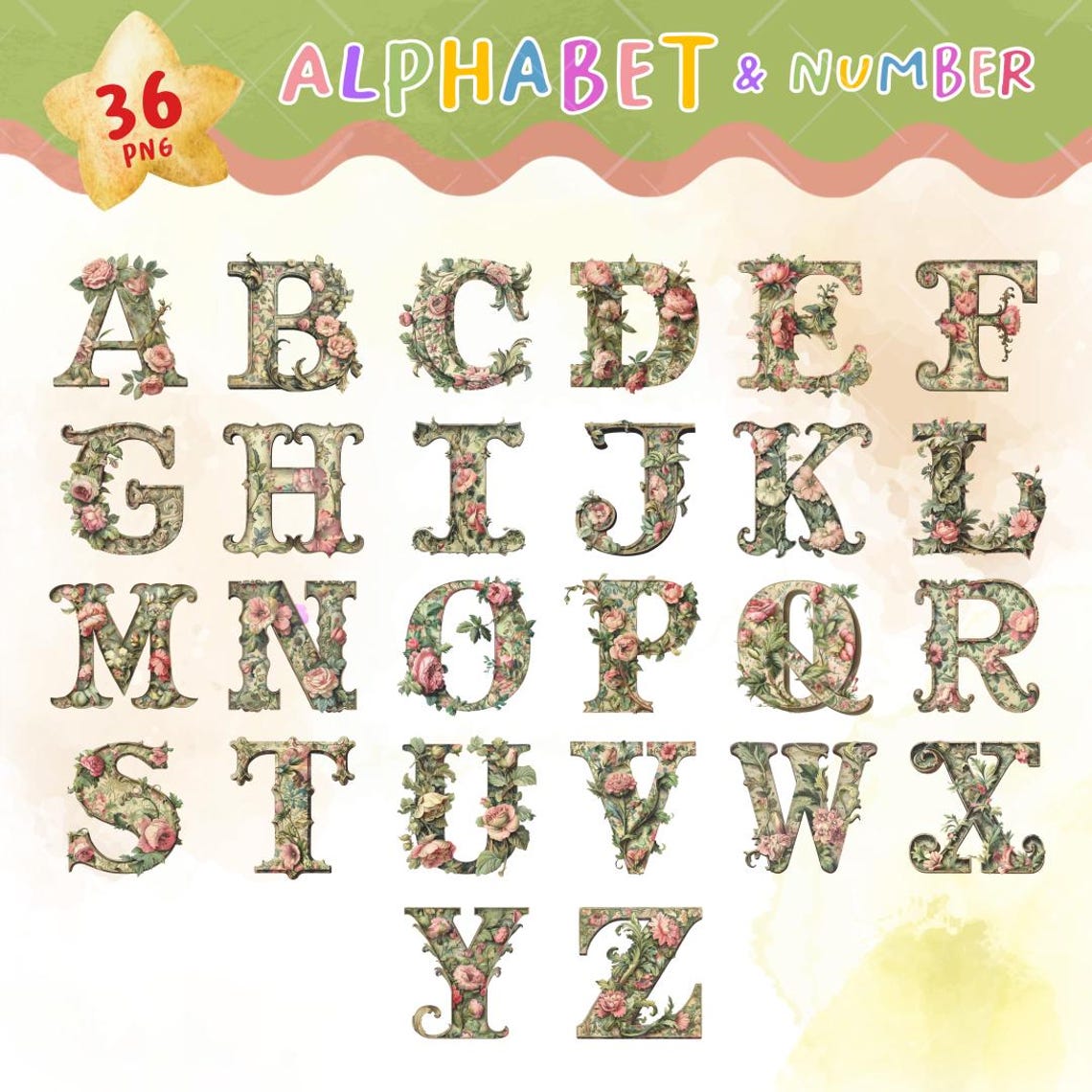Vintage Floral Alphabet Letters PNG, Botanical Pastel Color Clipart ...