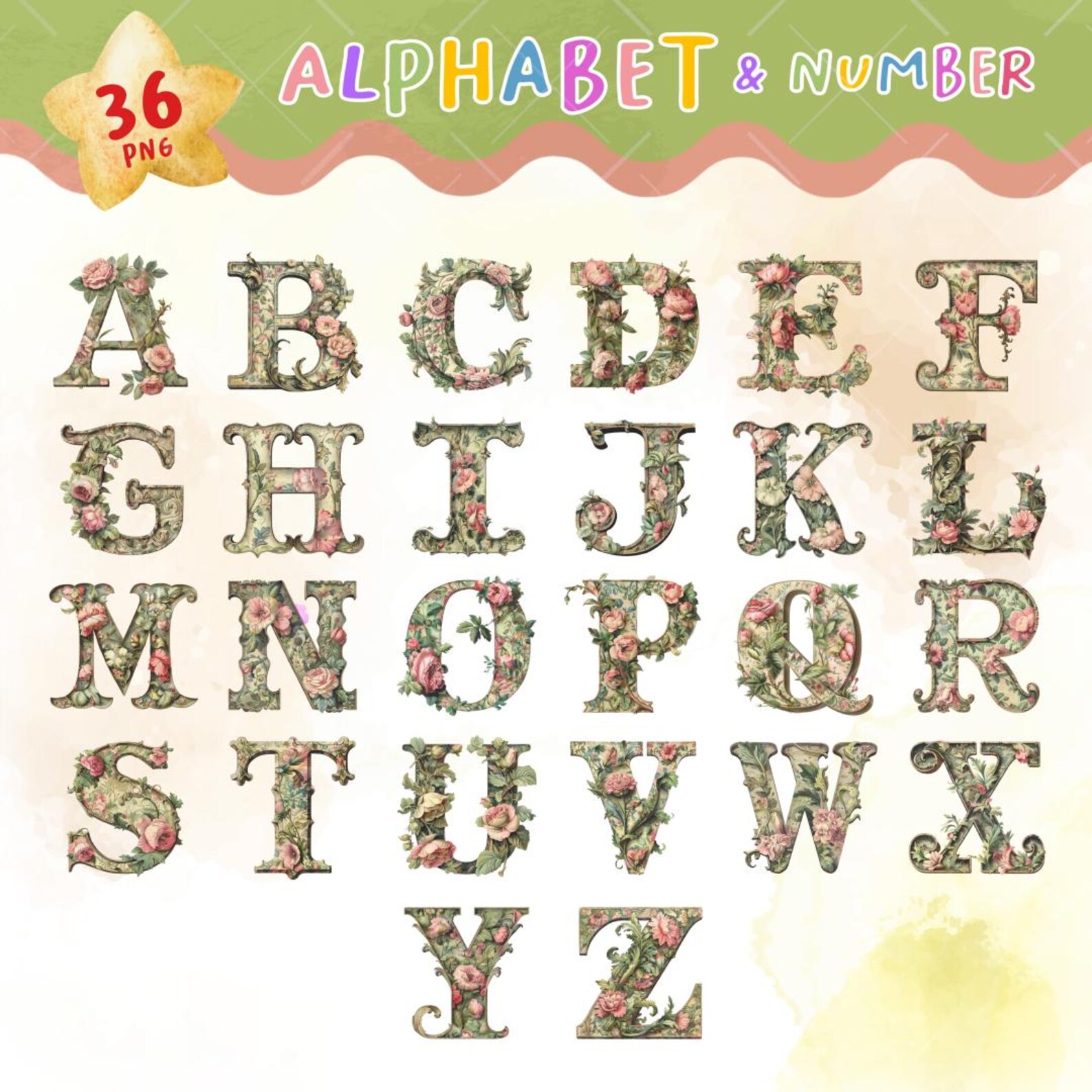 Vintage Floral Alphabet Letters PNG, Botanical Pastel Color Clipart ...