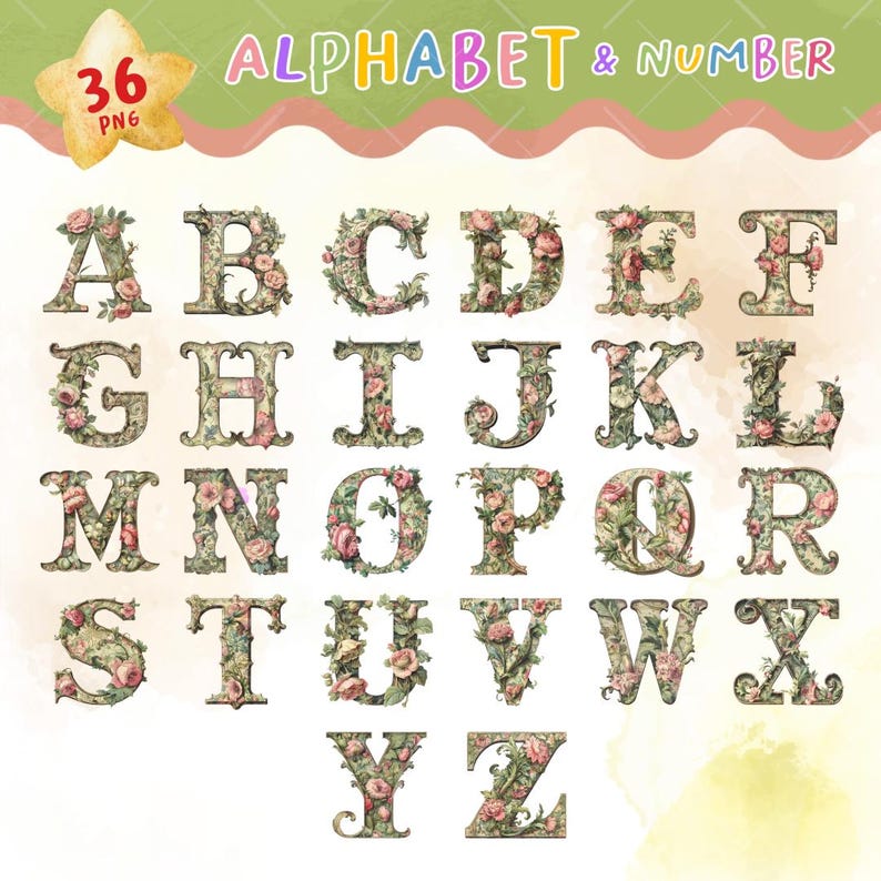 Vintage Floral Alphabet Letters PNG: Pastel Botanical Clipart (36 PNG ...