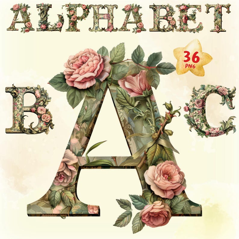 Vintage Floral Alphabet Letters PNG: Pastel Botanical Clipart (36 PNG ...