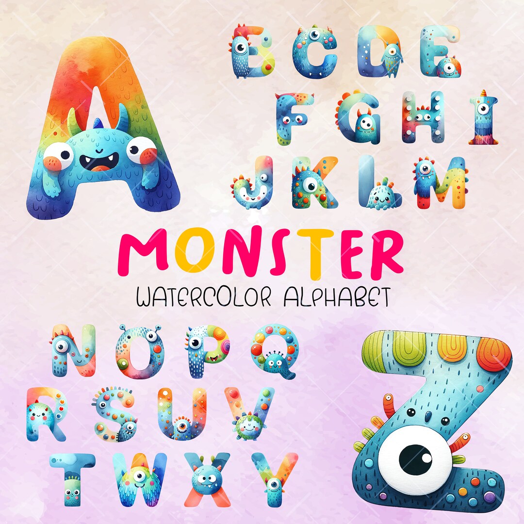 Alphabet Watercolor Monster Clipart Set - Fun Digital Nursery Decor ...