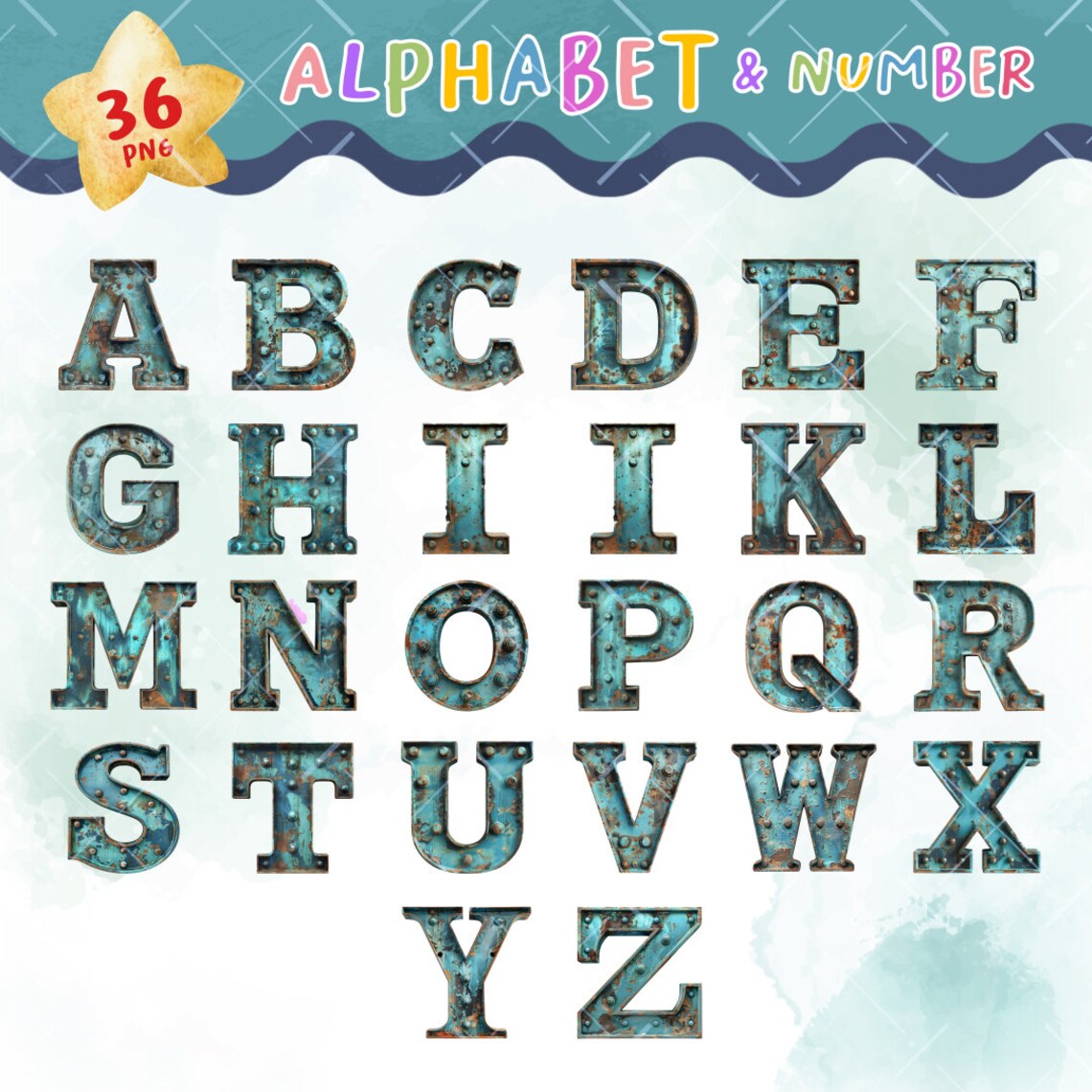 Rustic Metal Alphabet Letters: Riveted Blue Texture (PNG Digital ...