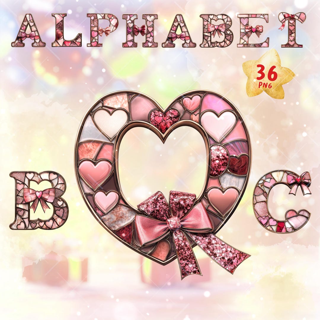 Valentine Stained Glass Alphabet Clipart: Pink Heart Letters (PNG ...