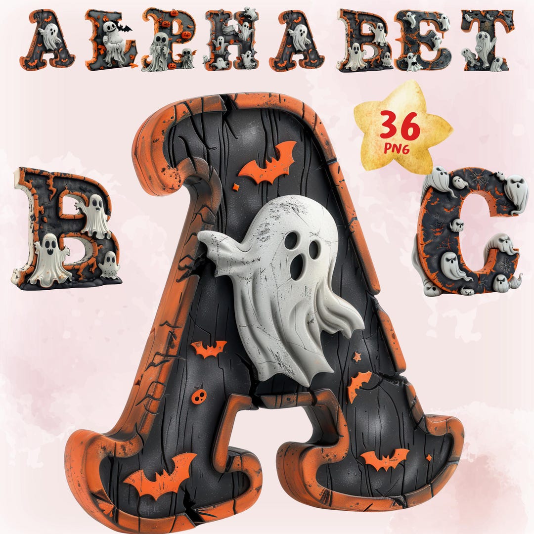 Spooky Halloween Ghost Alphabet & Numbers PNG Set, 3D Letter, Spooky ...