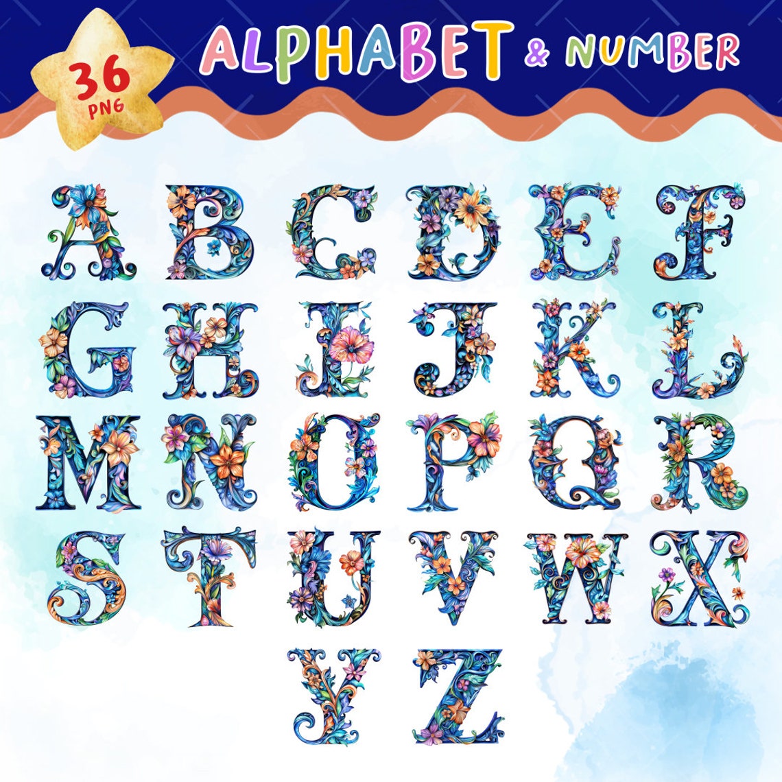 Floral Alphabet PNG: Metal Swirl Flower Letters & Numbers (digital ...