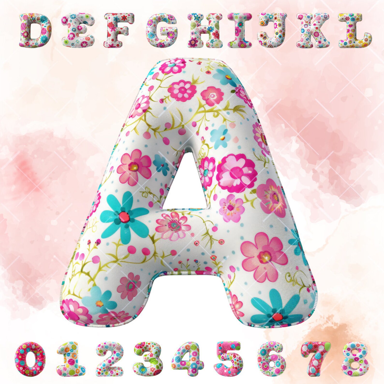Pillow Colorful Floral Alphabet & Numbers PNG, Pillow Plush Fuzzy, 3D ...