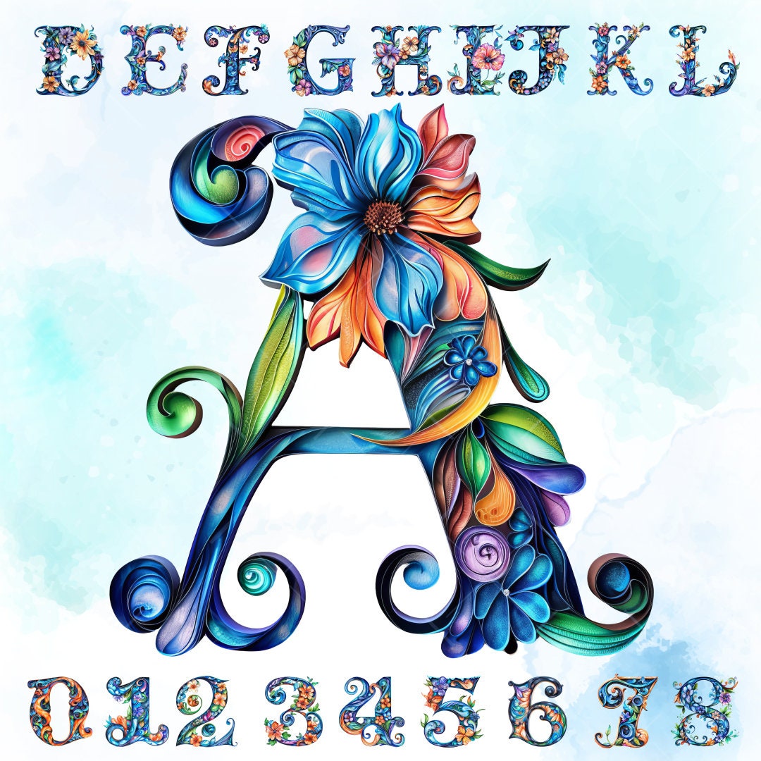 Floral Alphabet PNG: Metal Swirl Flower Letters & Numbers (digital ...