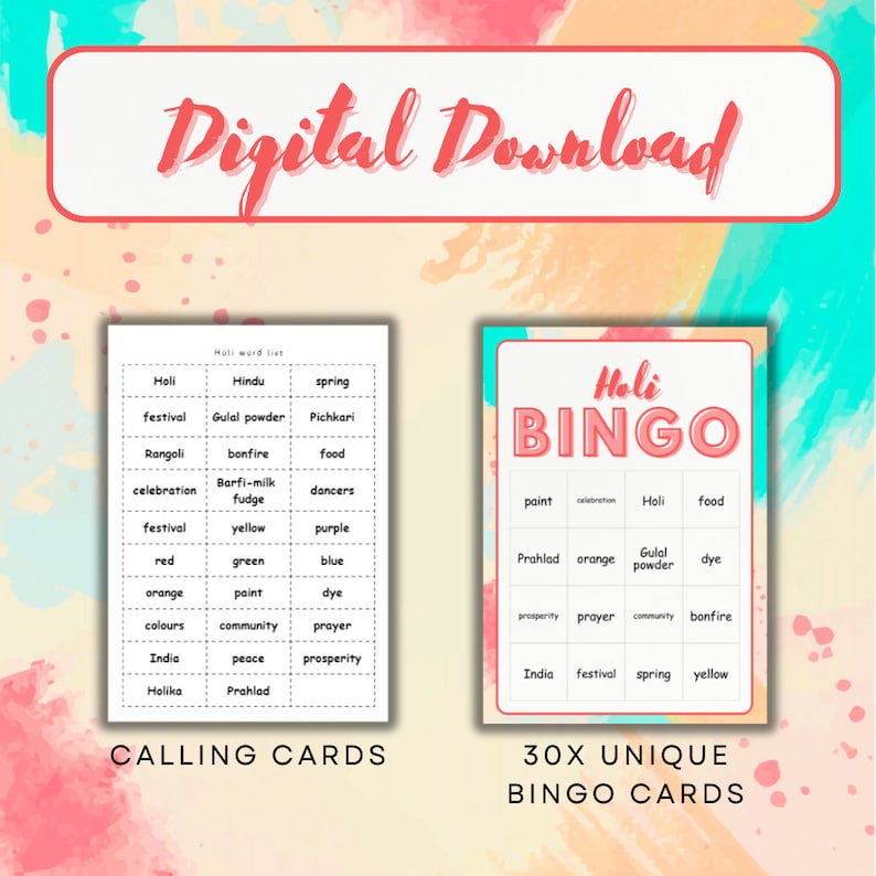 30 Holi Festival Bingo Printable Cards, Holi Bingo Game, Hindu ...