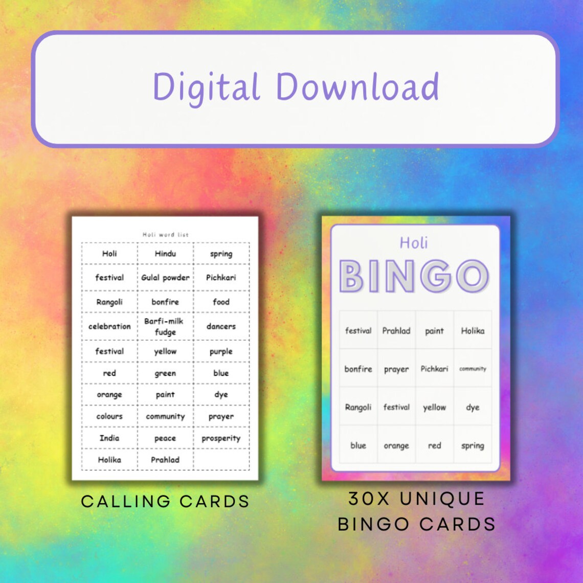 30 Holi Festival Bingo Printable Cards, Holi Bingo Game, Hindu ...