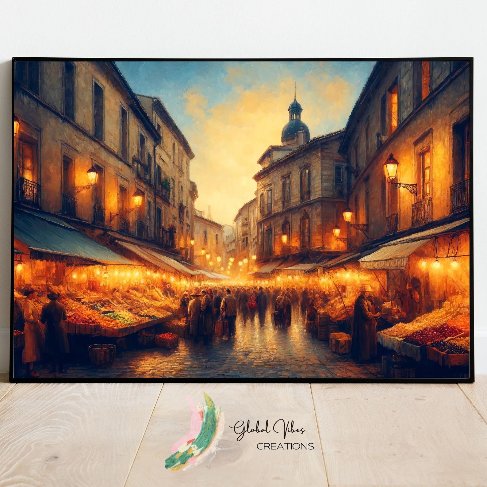 Twilight Market Bustle: Evocative Vintage European Street Scene, High ...