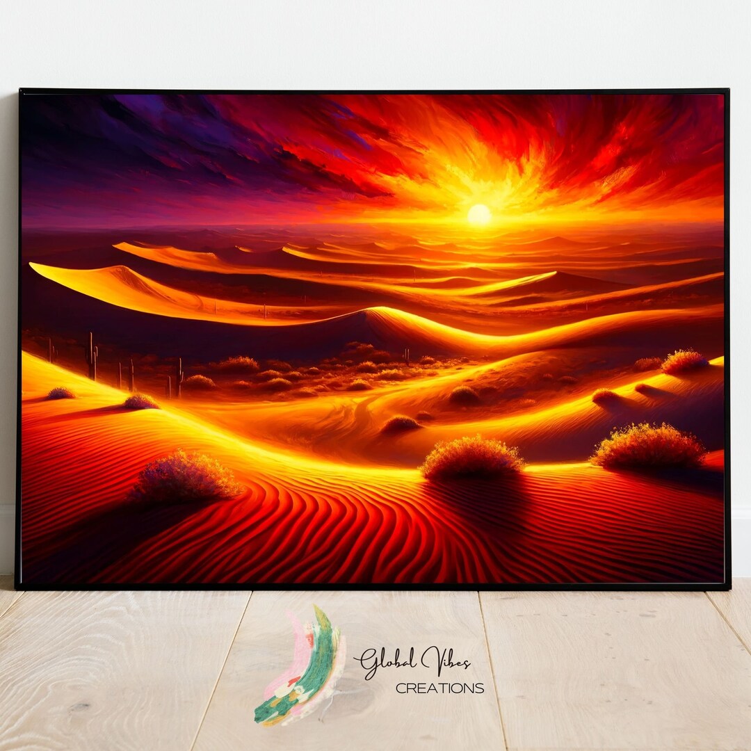 Blazing Sunset Over Desert Landscape - Vivid Colors and Sand Dunes ...