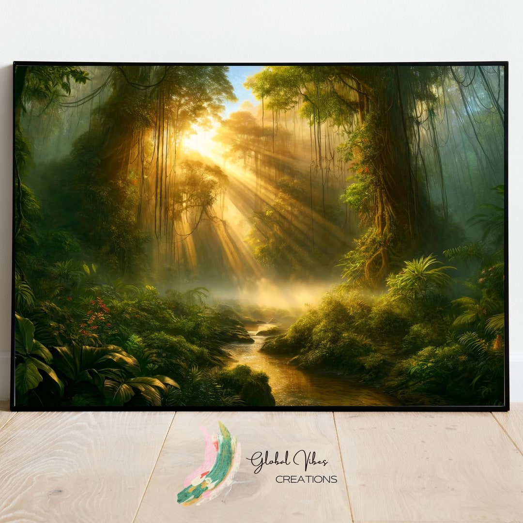 Mystical Jungle Sunrise Luminous Rays - Serene Riverbed, Exotic Plants ...