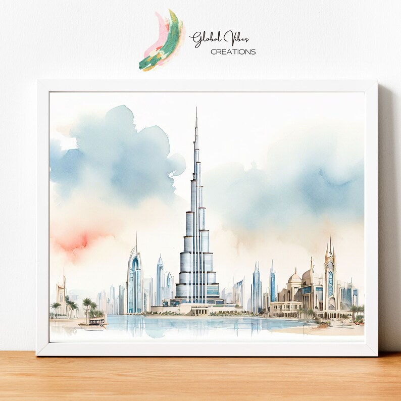 Elegant Watercolor of Dubai Skyline Featuring Burj Khalifa, High ...