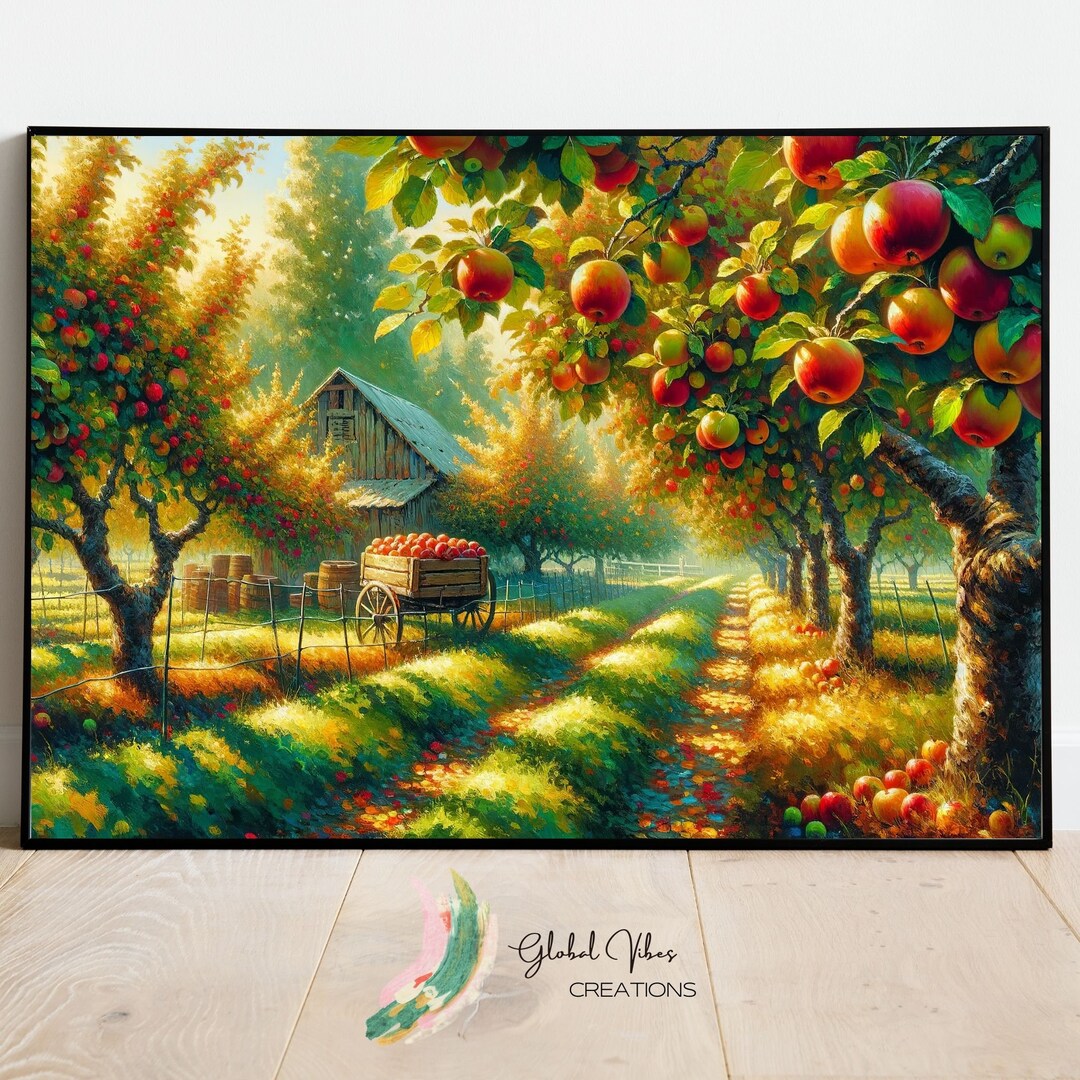 Vibrant Orchard Pathway - Apple Trees, Rustic Farmhouse, Harvest Season ...
