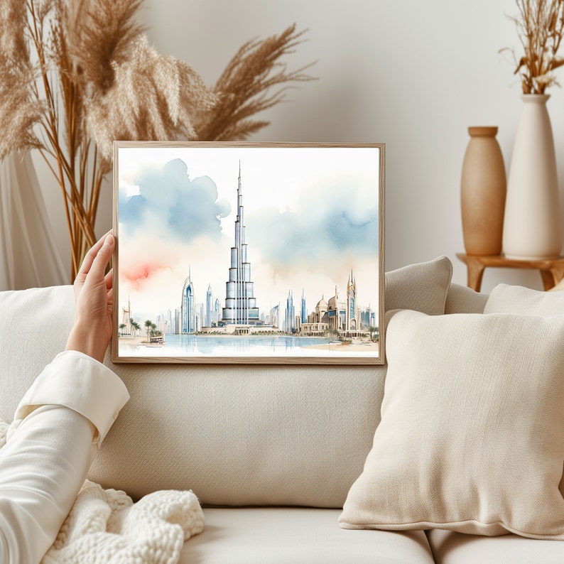 Elegant Watercolor of Dubai Skyline Featuring Burj Khalifa, High ...