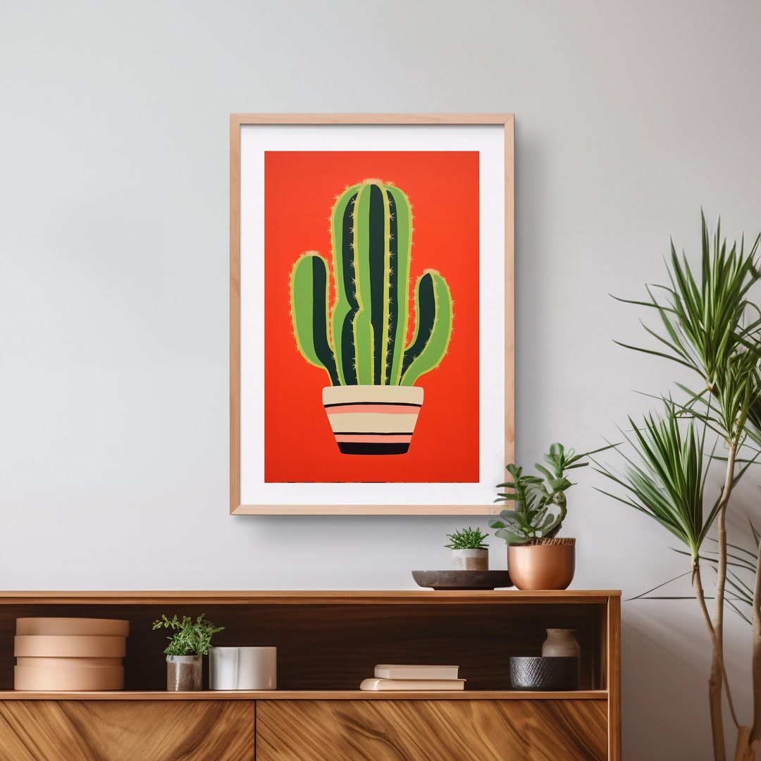 Cactus on Red, Retro Poster, Cacti, Country Deco, Printable Digital ...