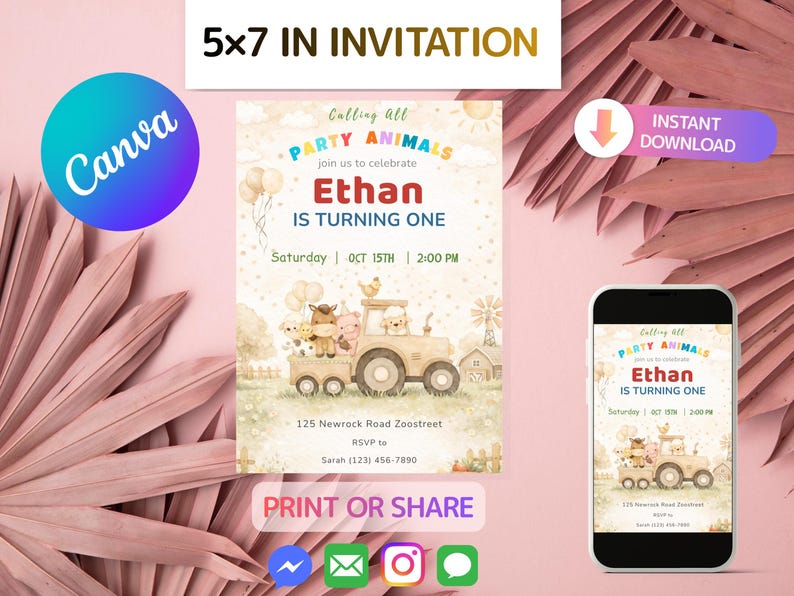 Beige Country Farm Animals Birthday Invitation 1st Birthday Editable ...