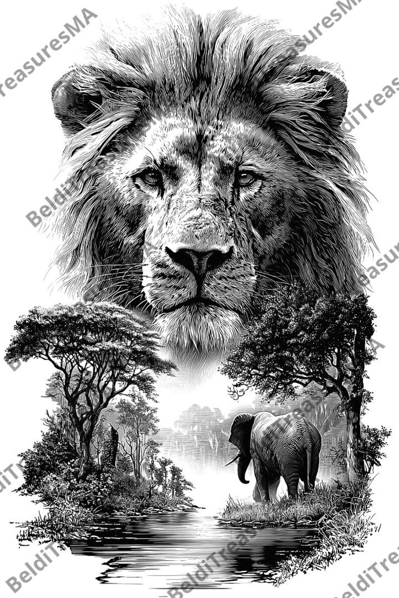 Silver Pack®! Lion Portrait & Elephant Scene Laser Engraving File PNG ...