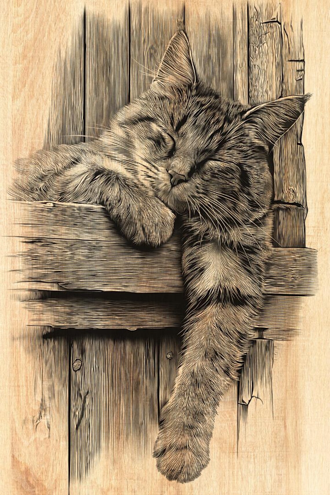 Silver Pack®! Sleeping Cat on Fence Laser Engraving File PNG, JPEG High ...