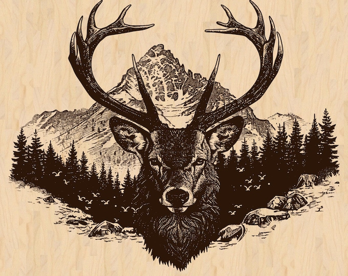 Elk Engraving PNG | Majestic Stag With Antlers in Mountain Forest ...