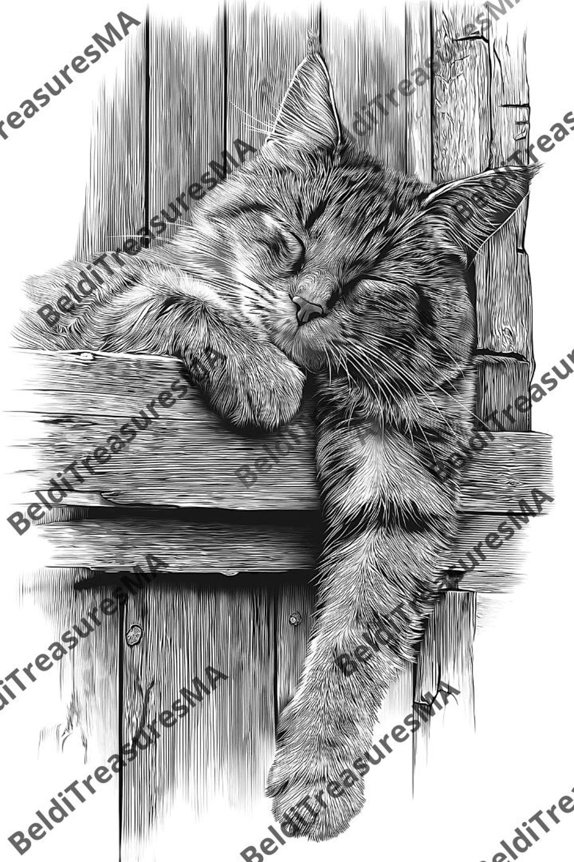 Silver Pack®! Sleeping Cat on Fence Laser Engraving File PNG, JPEG High ...