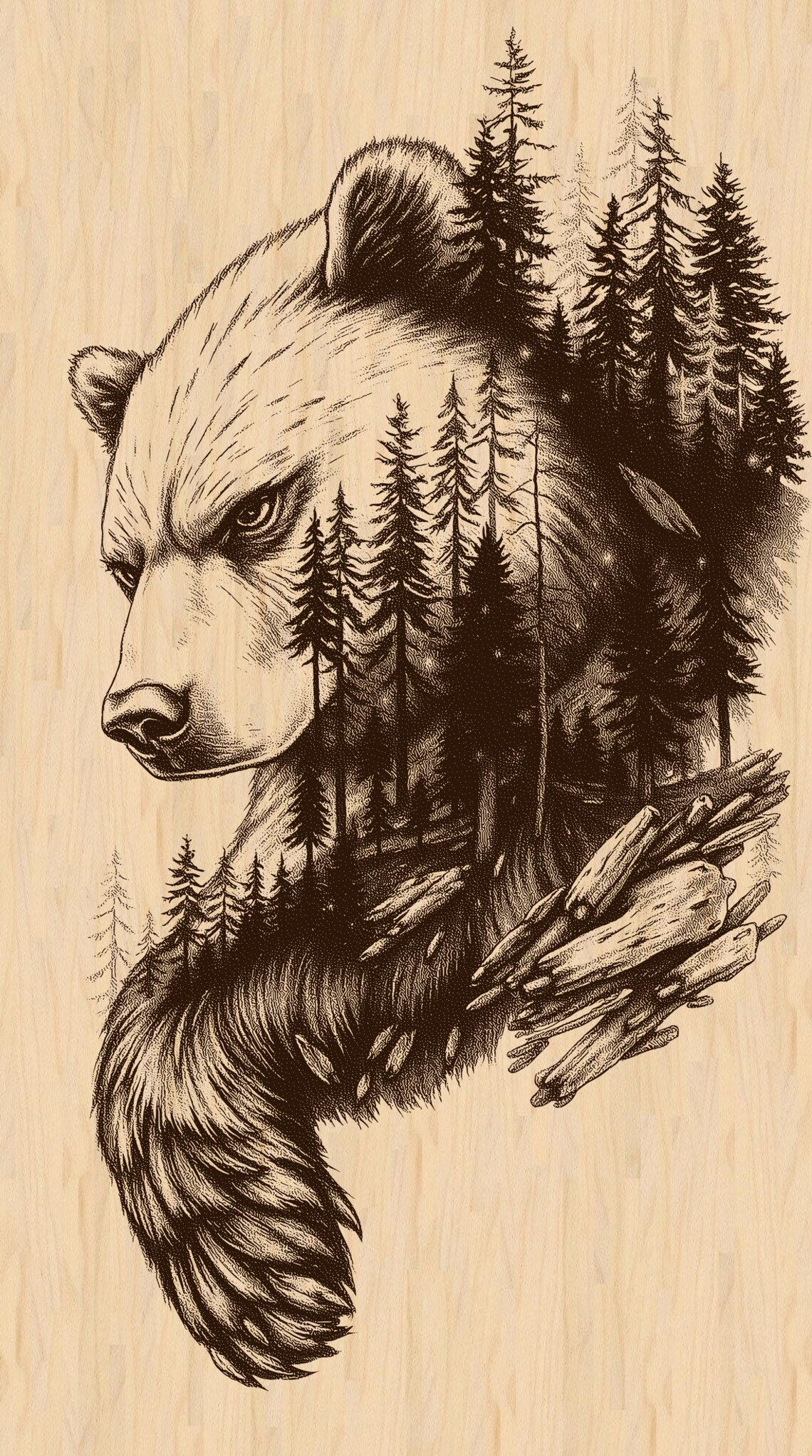 Silver Pack®! Bear & Forest Wood Engraving Design: Double Exposure ...