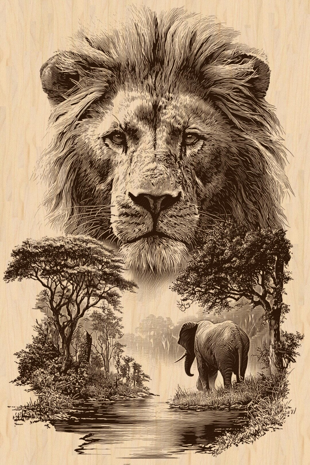 Silver Pack®! Lion Portrait & Elephant Scene Laser Engraving File PNG ...