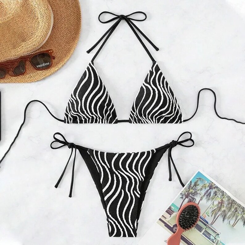 Para Praia 2024 Black Stripe Halter Bikini Set Thong High Leg Cut Female Swimsuit Women Swimwear ...