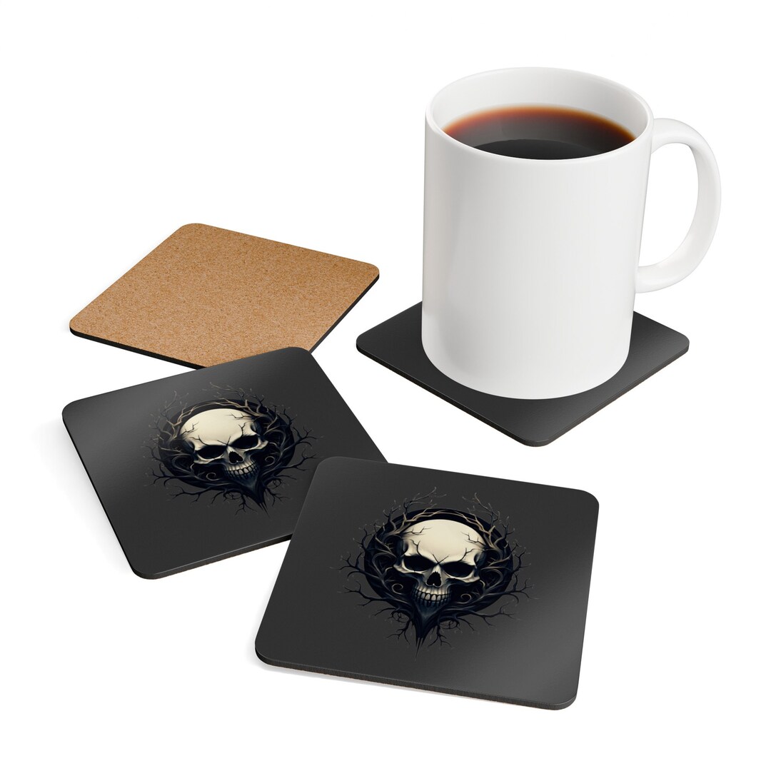 Skull and Branches Black Corkwood Coaster Set of 4, Skull Coaster ...