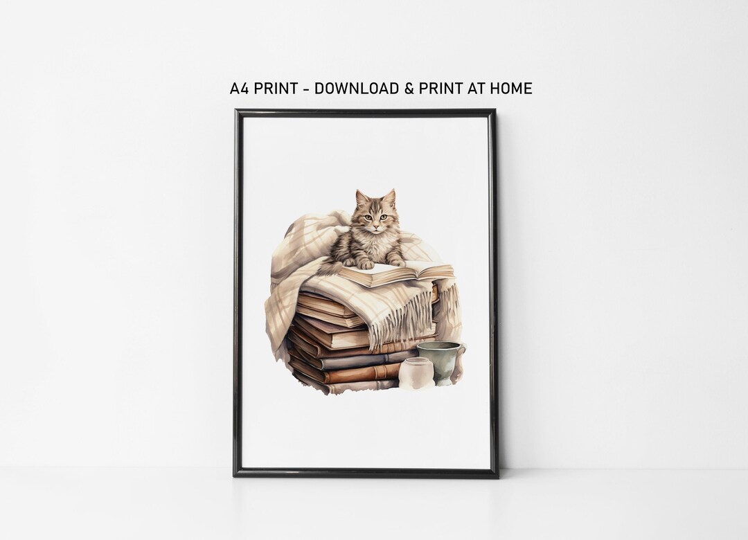 Cat and Books Art,printable Book Art,cat Poster,cat and Books Art,cat ...