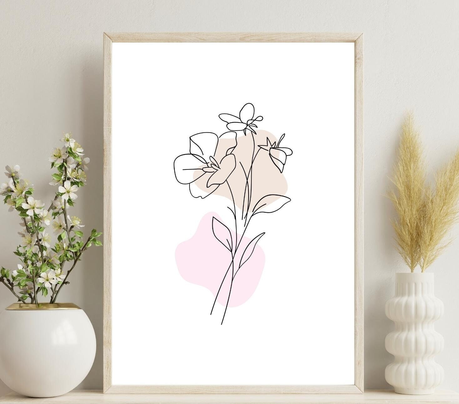 Flower Line Art Print,pink Line Art Poster,boho Wall Print,flower ...