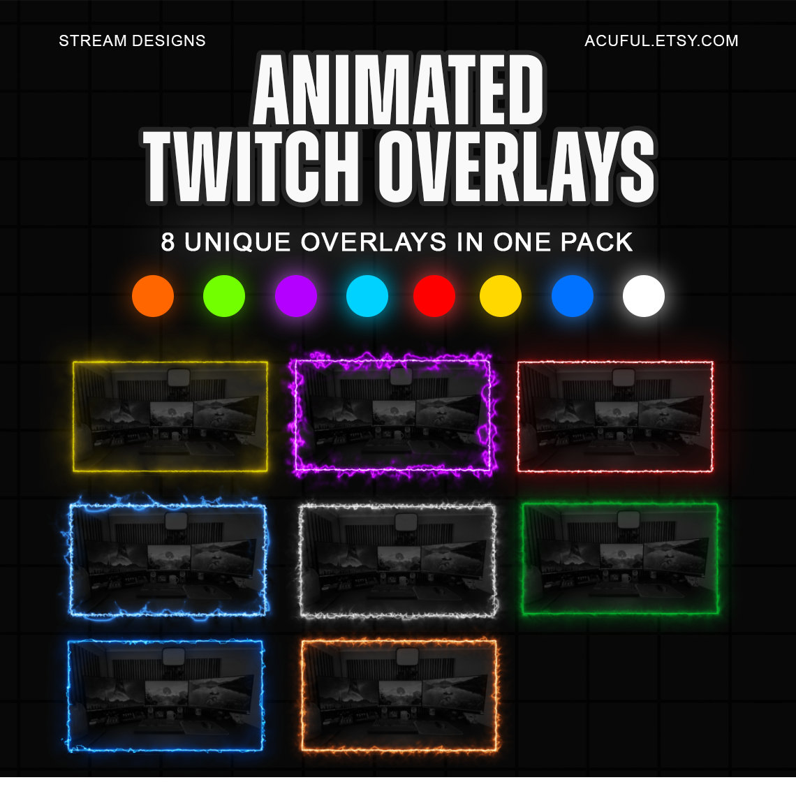 Animated Twitch Stream Pack | Webcam Frame Overlays | Electric Neon ...