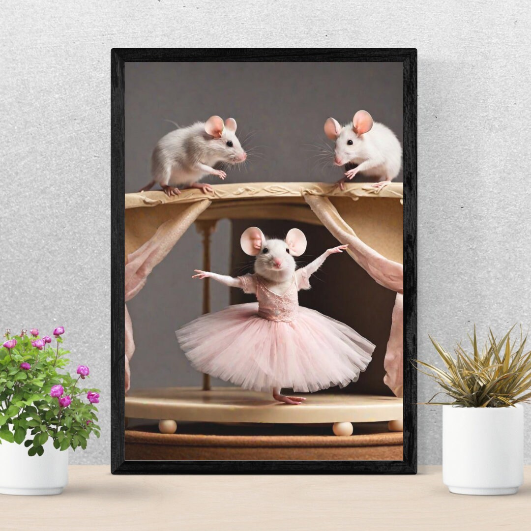 Mouse Ballerina Poster, Whimsical Dancing Rodent Art Print, Digital ...