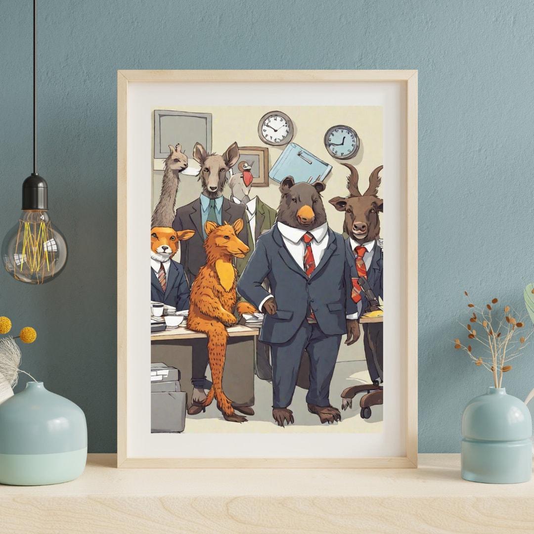 Office Zoo Digital Poster, Cartoon Animals at Work Art Print, Creative ...