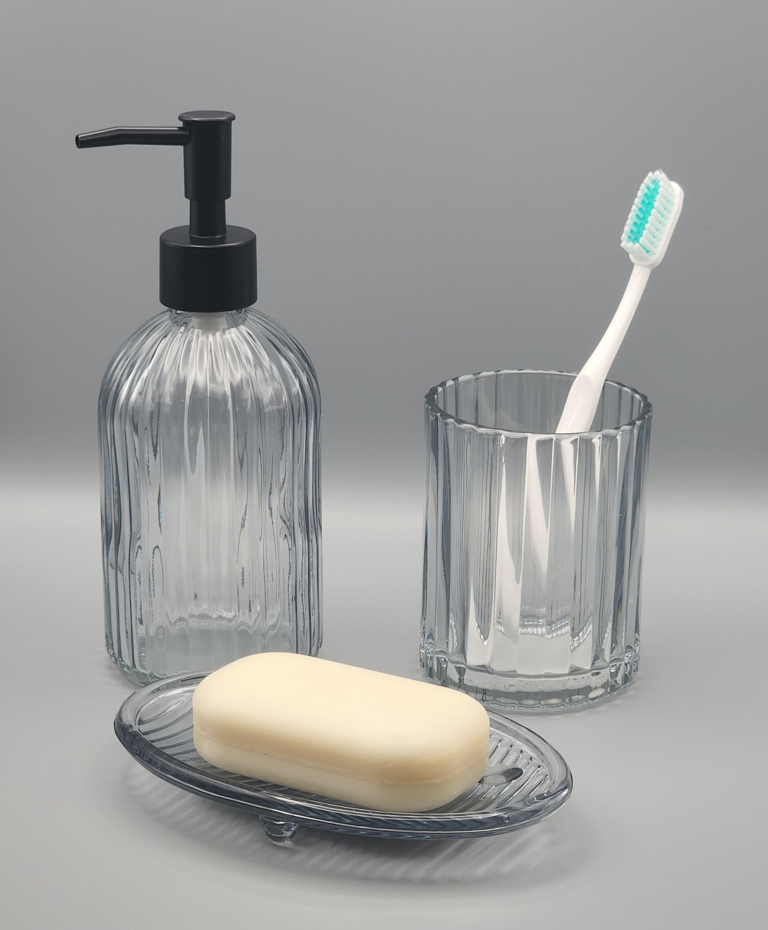 Clear Smoked Glass Art Deco Bathroom Set Soap Dispenser, Tumbler, and ...