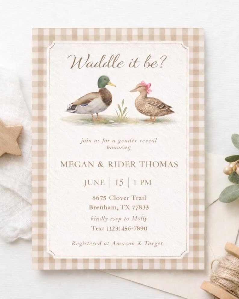 Waddle It Be Duck Gender Reveal Invitation, Watercolor Mallard Gingham ...