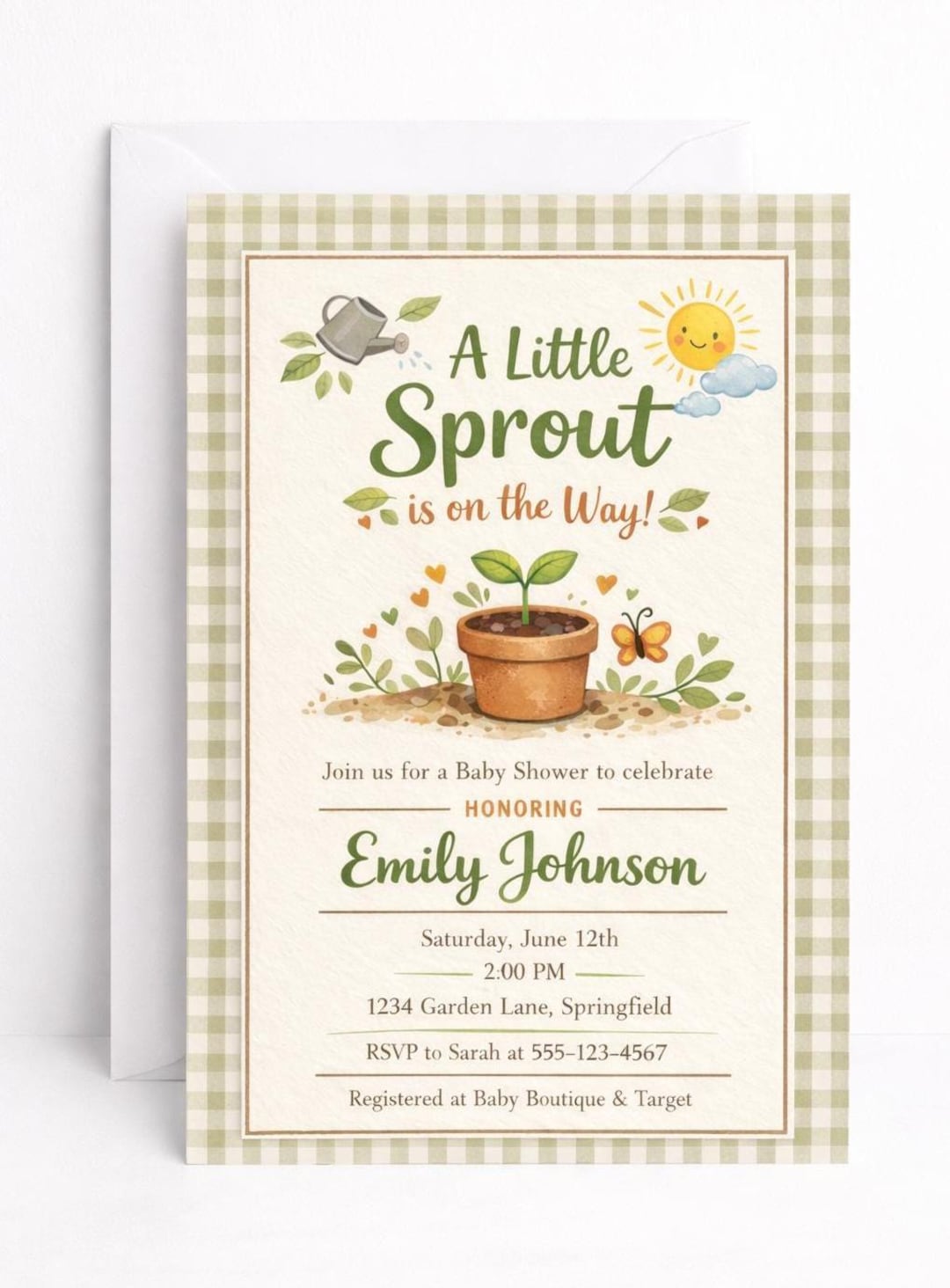 A Little Sprout – Baby Shower Invitation, Garden Gingham Design, Gender ...