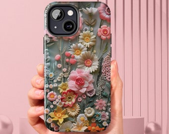 3D Embroidery iPhone Case Flowers iPhone 11 12 13 14 15 Pro Max Tough ...