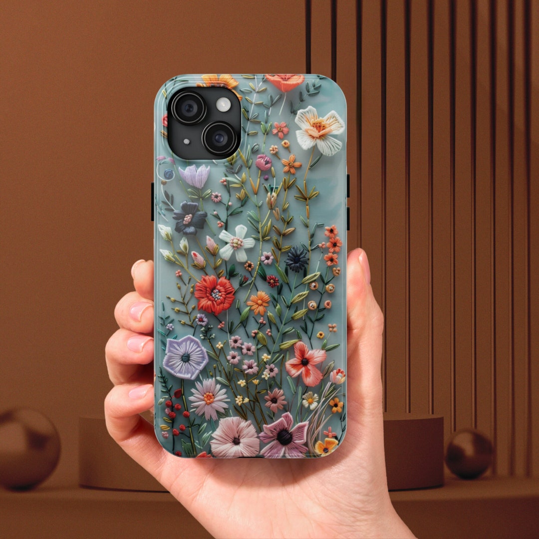 3D Embroidery iPhone Case Flowers iPhone 11 12 13 14 15 Pro Max Tough ...